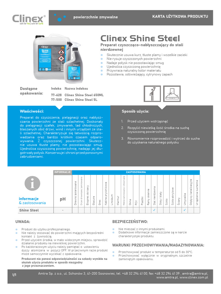 Clinex Shine Steel Karta Użytkowa Produktu | PDF
