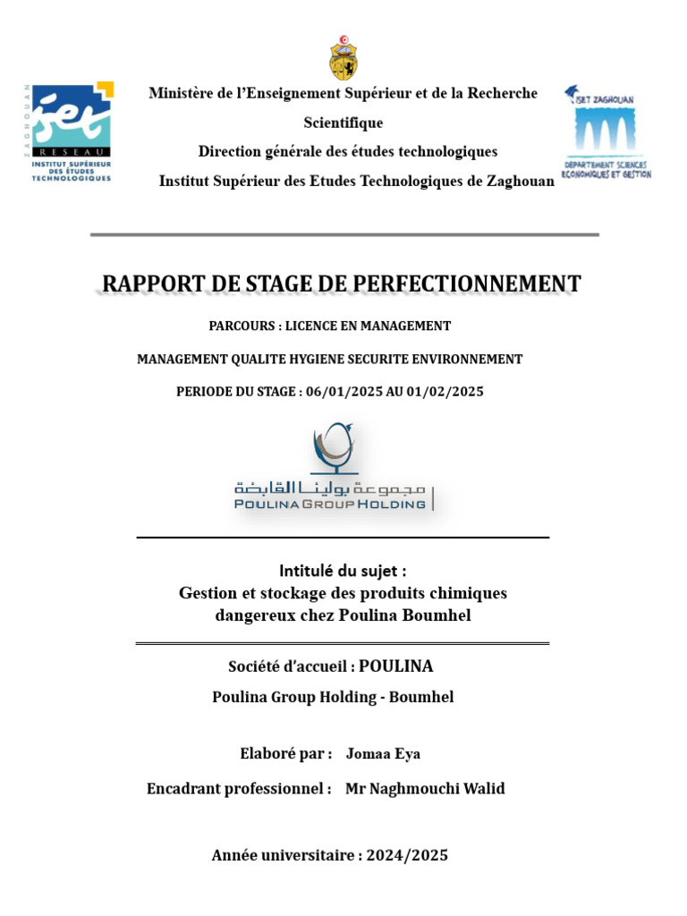 Gestion des produits chimiques chez Poulina | PDF | Audit | Sécurité