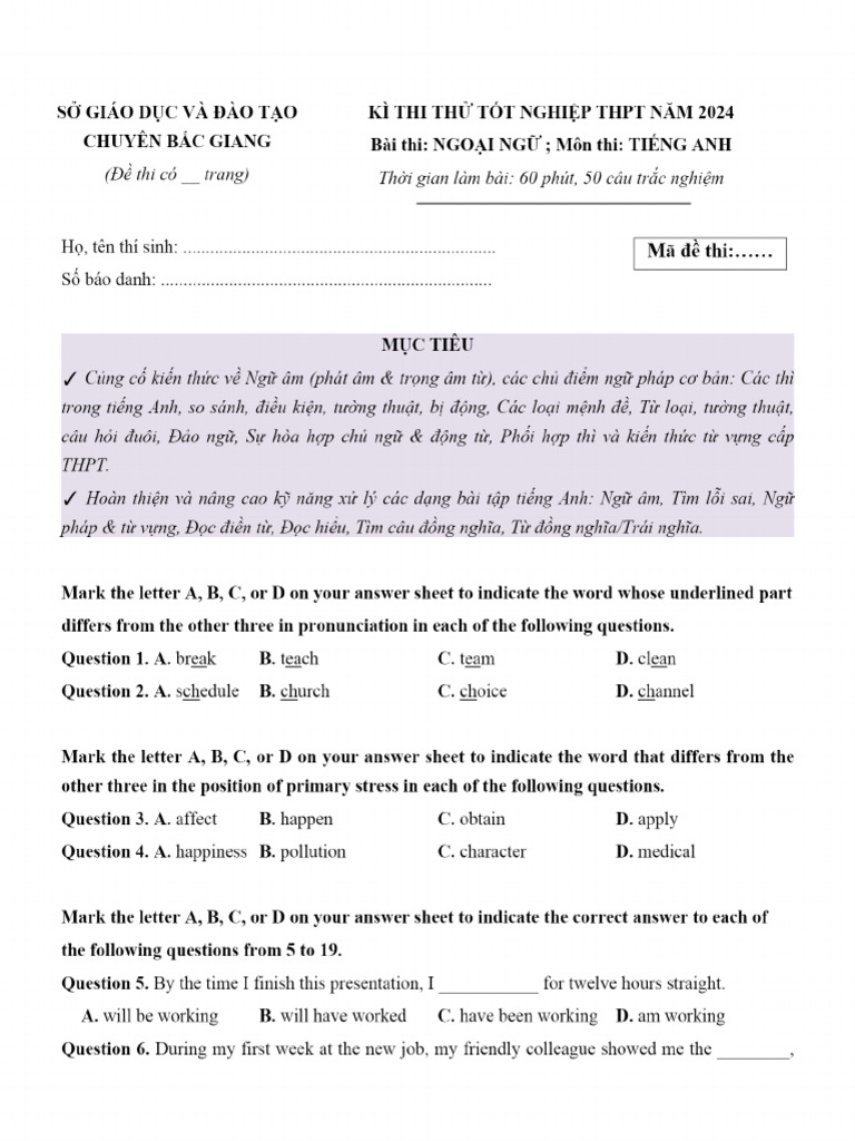 42 de Thi Thu TN THPT Tieng Anh 2024 Chuyen Bac Giang File Word Co Loi Giaidocx - 3200 - PDF ...