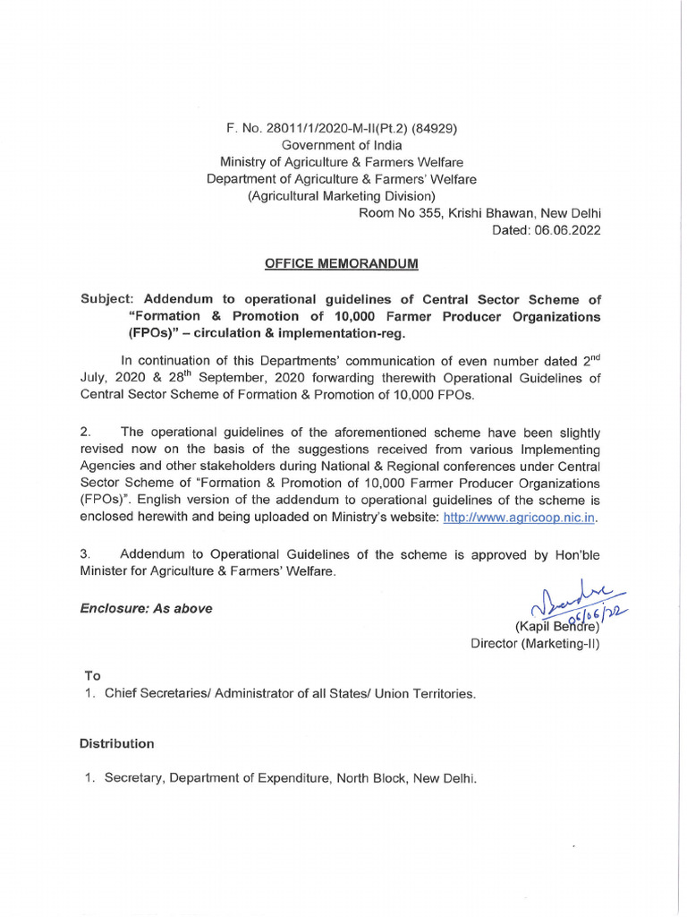 Letter to States on Addendum to Operational Guidelines of new FPO ...