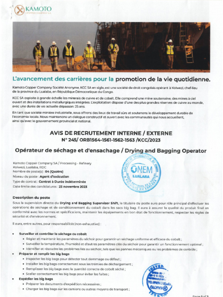 Avis de Recrutement Interne Externe-Drying & Bagging Operator 245 ...