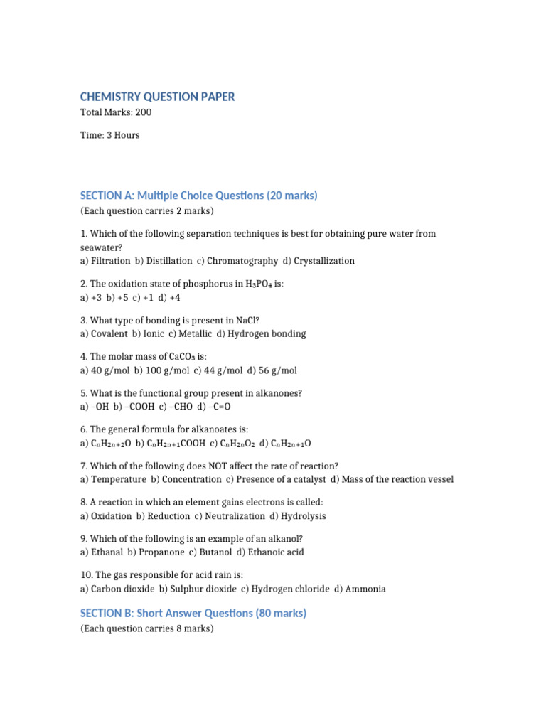 Chemistry Question Paper | PDF | Chemical Reactions | Oxide
