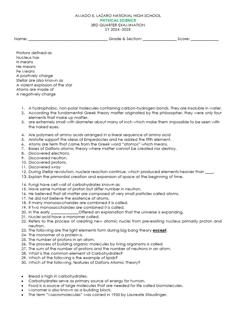 Physical Science Reviewer | PDF | Atoms | Proton