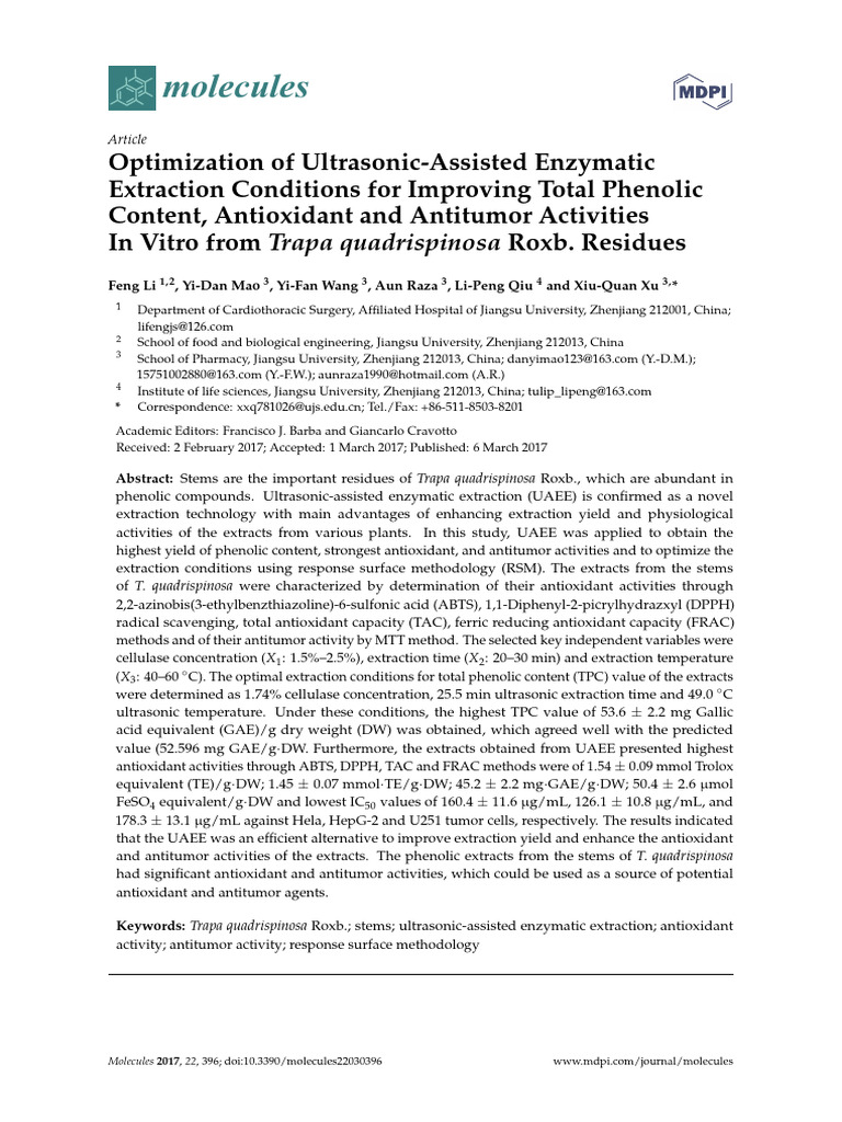 Optimization of Ultrasonic-Assisted Enzymatic Extraction Conditions for Improving Total Phenolic ...