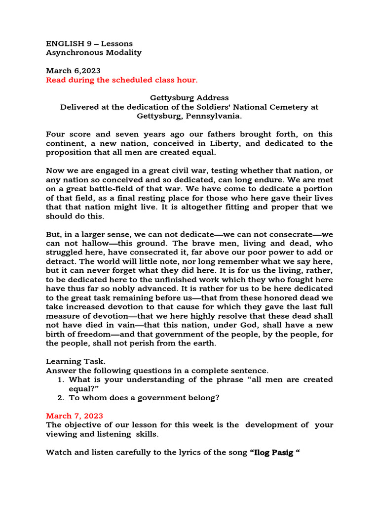 ENGLISH 9 - Asynchronous Lesson | PDF