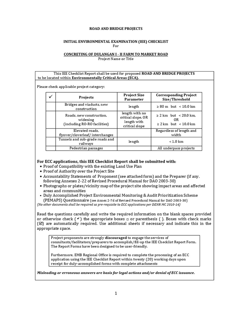 IEE Checklist For Concreting of Dulangan I - II Farm To Market Road ...