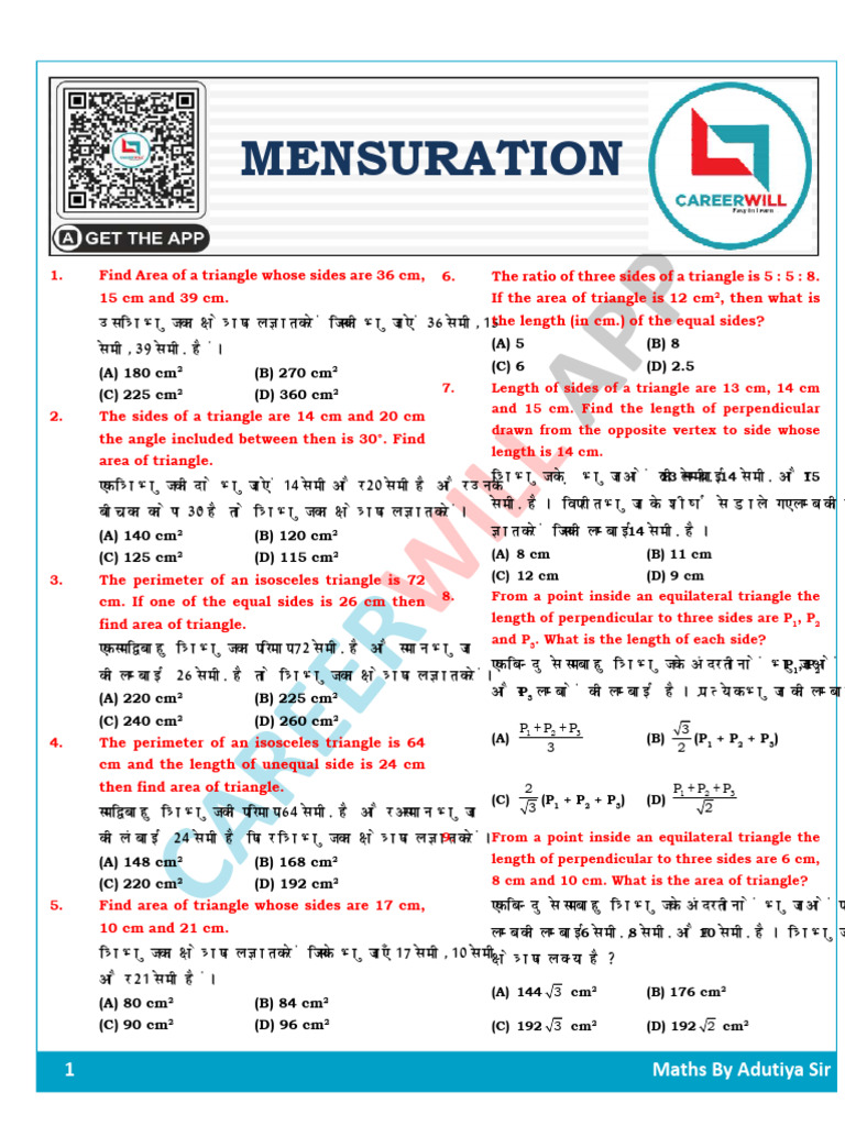 Mensuration Sheet - 258336 - Crwill | PDF | Sphere | Area