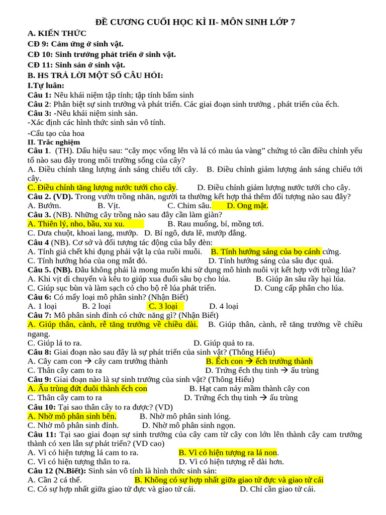 Đề Cương Ôt Hk2 Sinh 7 | PDF