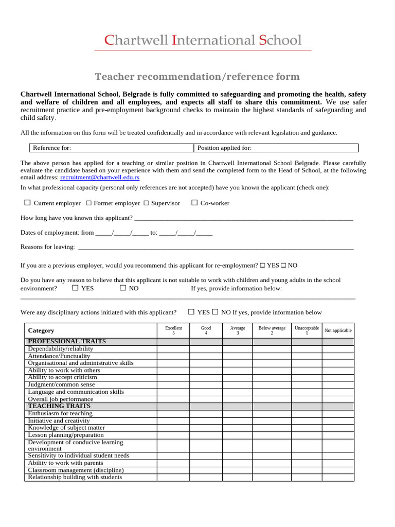 Teacher Reference Form for CIS | PDF | Teachers | Learning