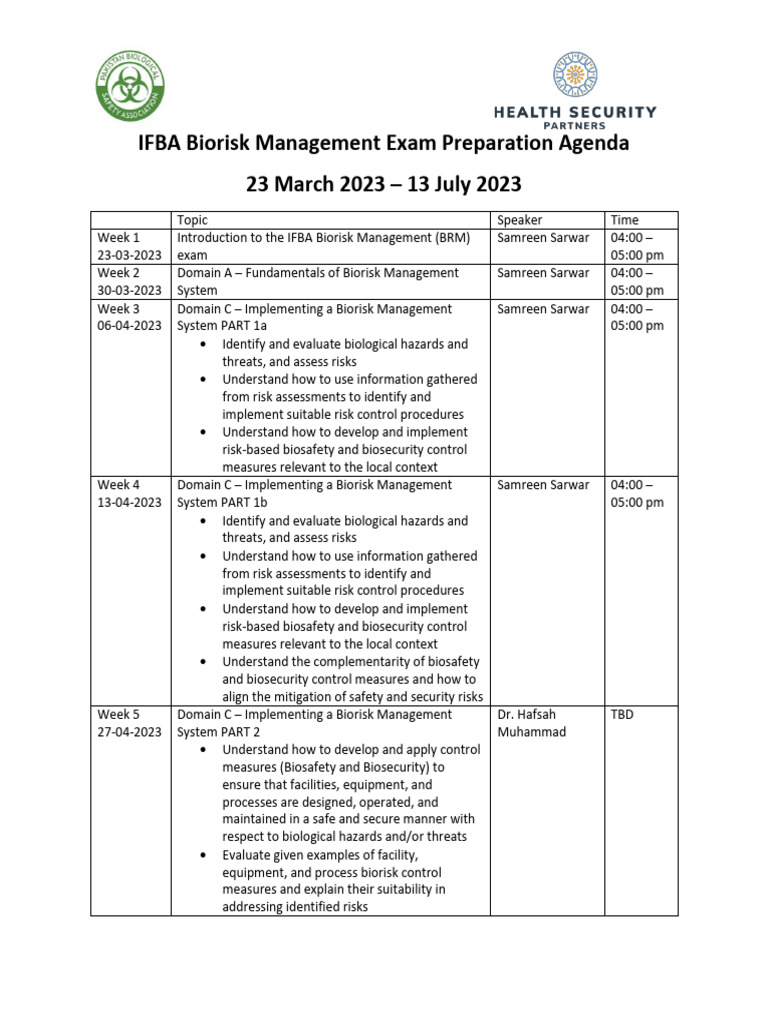 IFBA Biorisk Management Exam Agenda | PDF | Safety