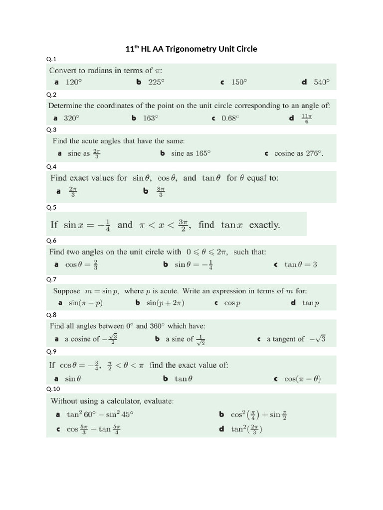 Tue HW 1 Unit Circle | PDF