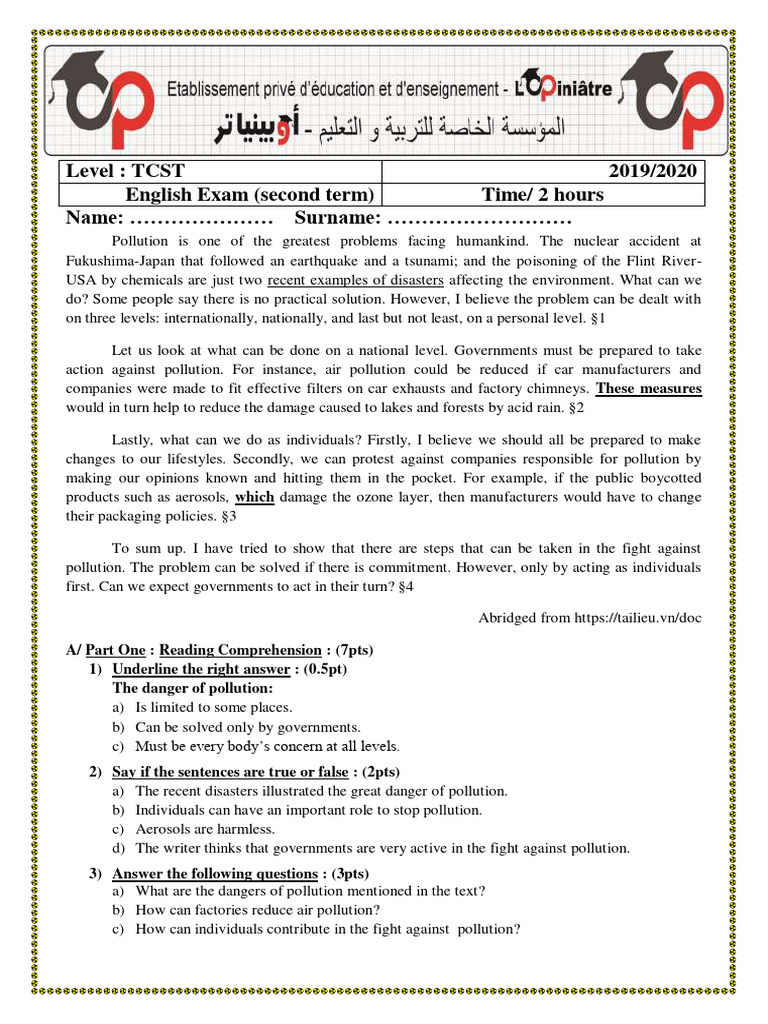 dzexams-1as-anglais-610265 | PDF | Pollution | Natural Environment