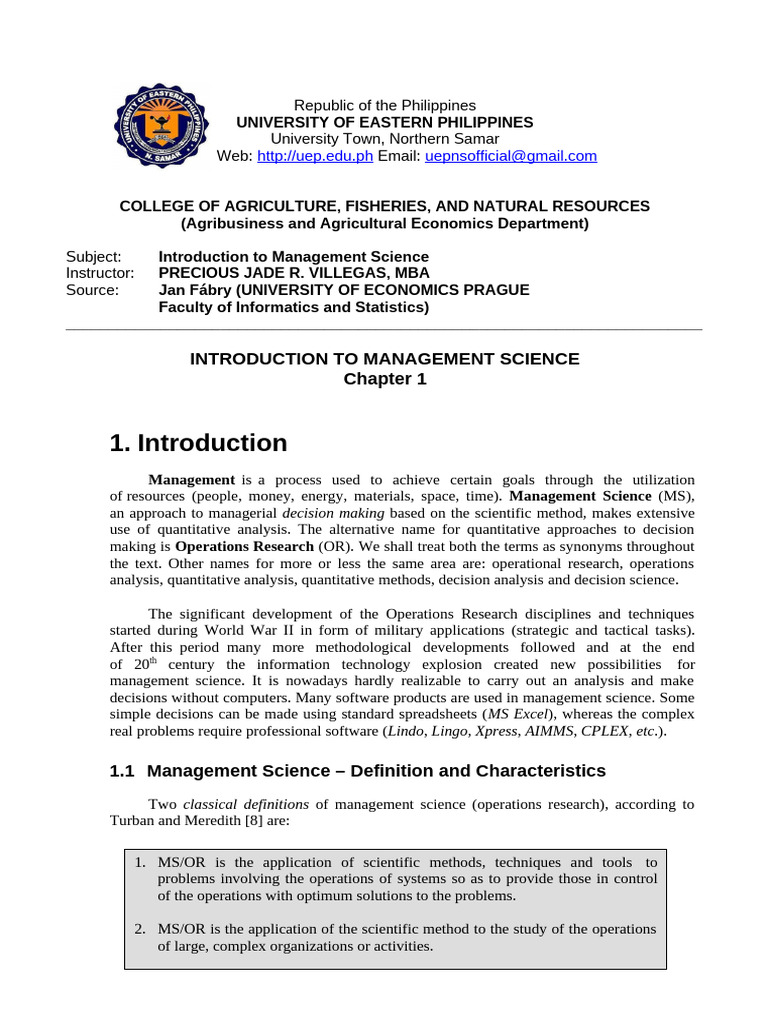 Management Science Chapter 1 | PDF | Mathematical Optimization | Linear Programming