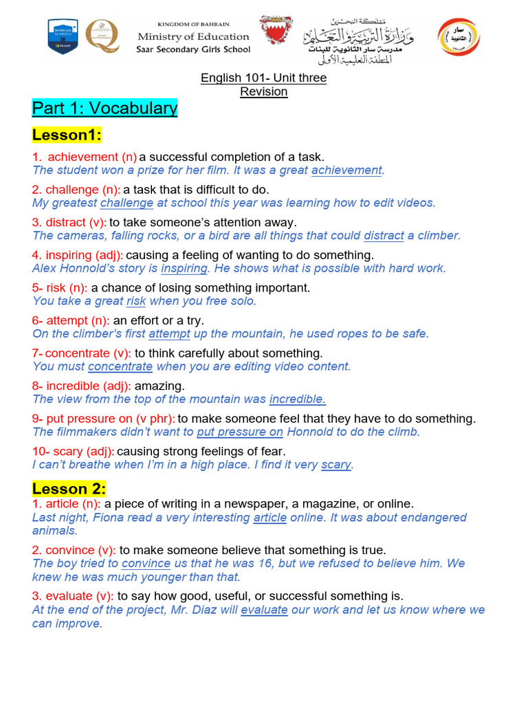 Revision-Unit Three 1 | PDF | Adjective | Verb