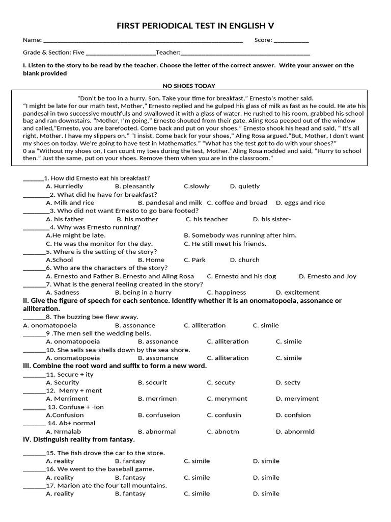 English V First Periodical Test | PDF