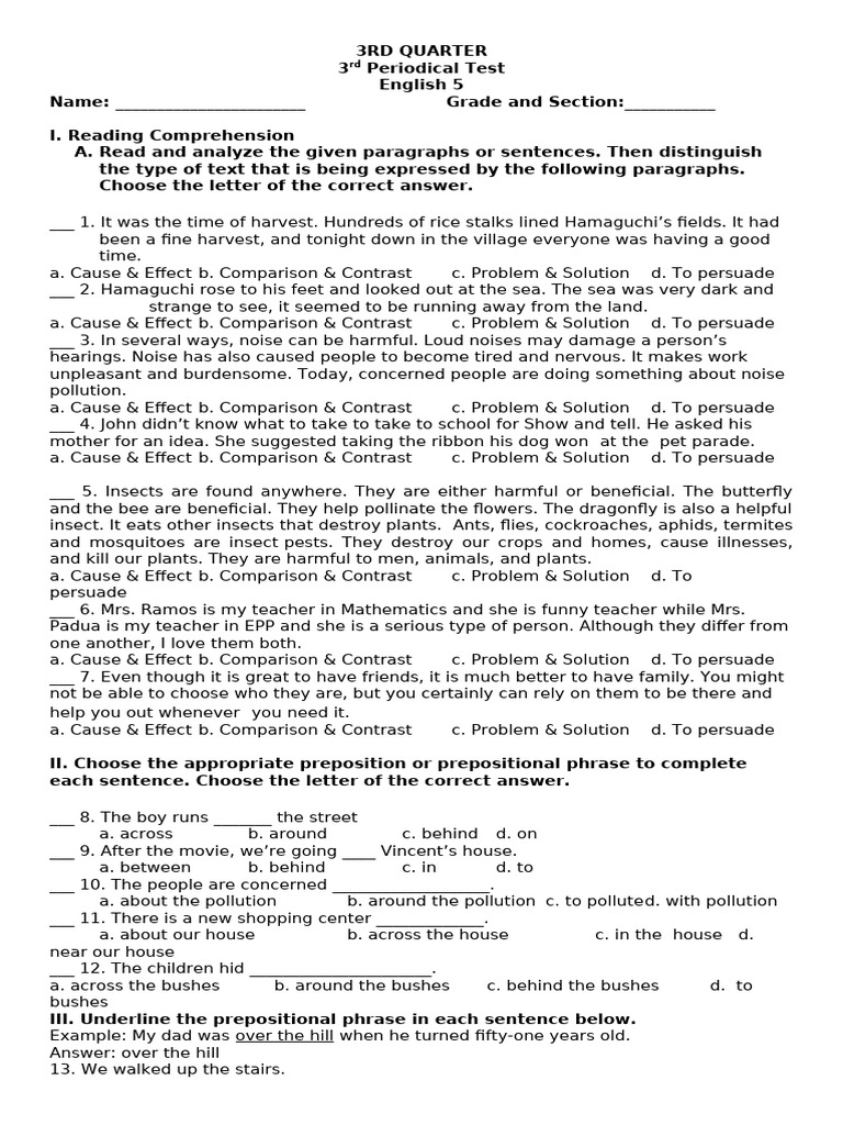 English 5 Third Quarter Test Guide | PDF | Insects | Word