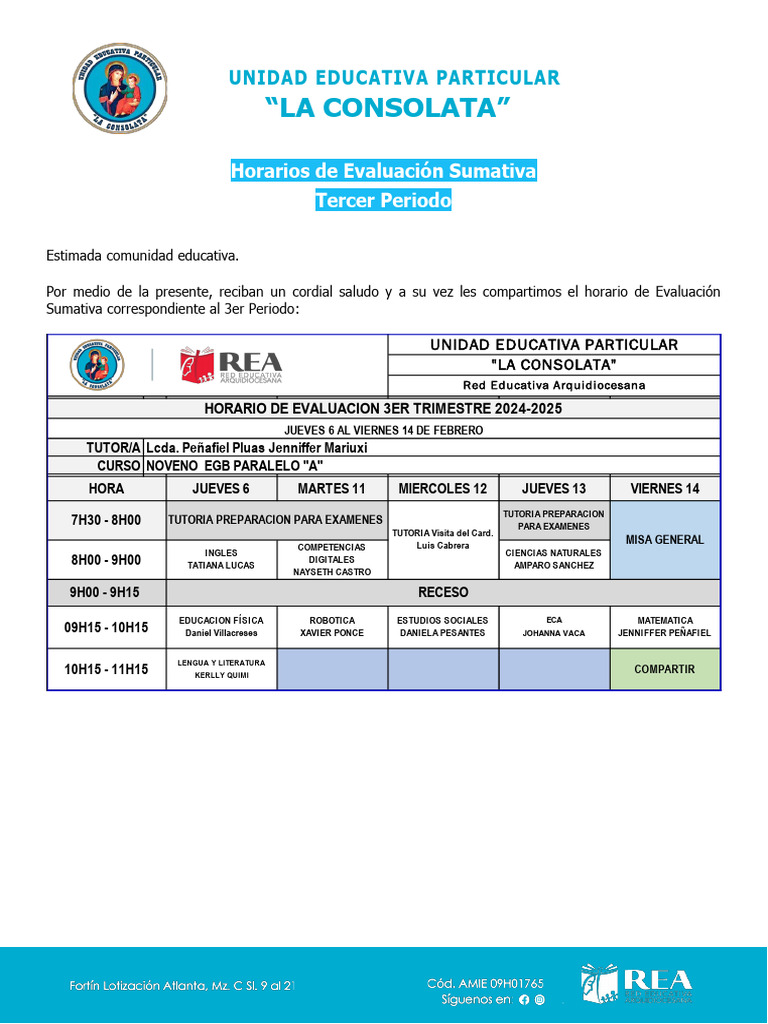 Horario de Evaluacion - 9no a - B | PDF