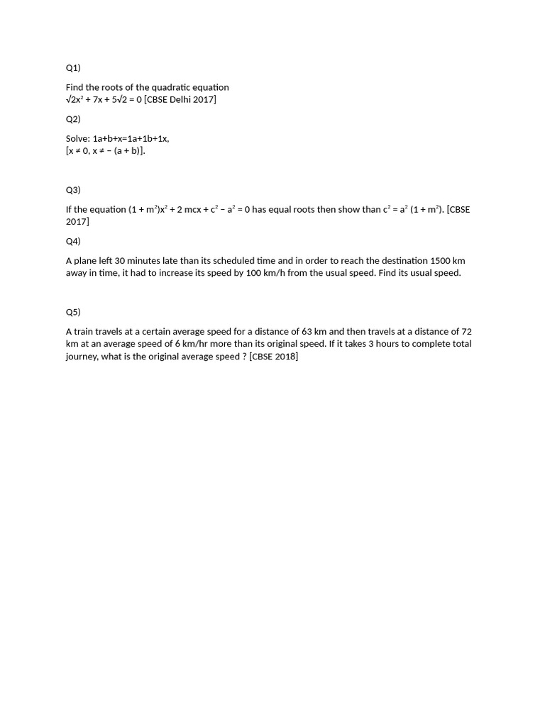Math CH4 QuadtaticEquations Questions 1 | PDF | Algebra | Elementary Geometry
