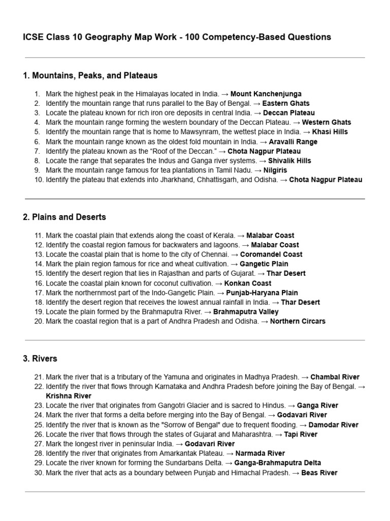 ICSE Class 10 Geography Map Work - 100 Competency-Based Questions | PDF ...
