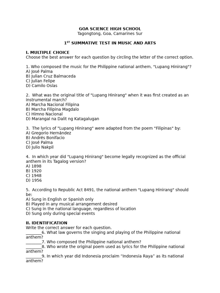 Goa Science High School Summative Test in Music Arts | PDF | Performing ...