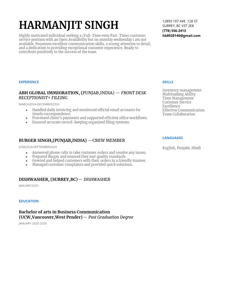 Harmanjit Job Resume | PDF