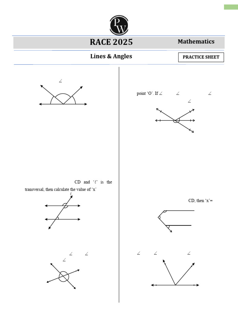 Lines Angles - Practice Sheet - RACE 2025 | PDF | Angle | Elementary Mathematics