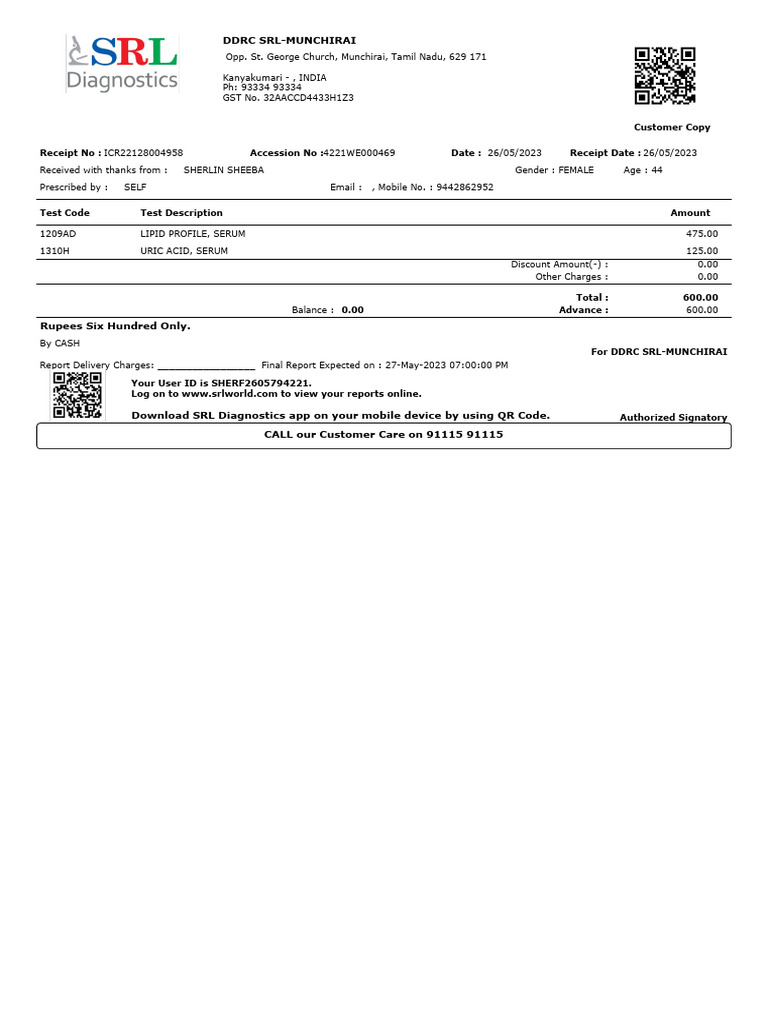 Medical Test Receipt for Patients | PDF