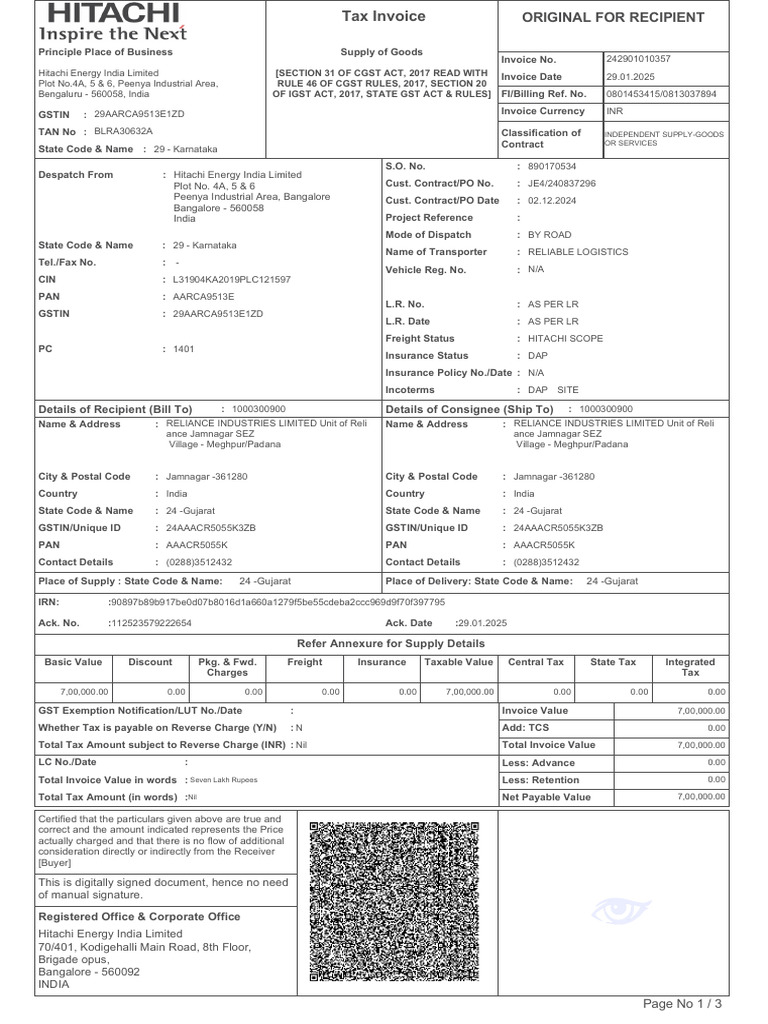 Tax Invoice Reliance Industries Limited Original 242901010357 | PDF