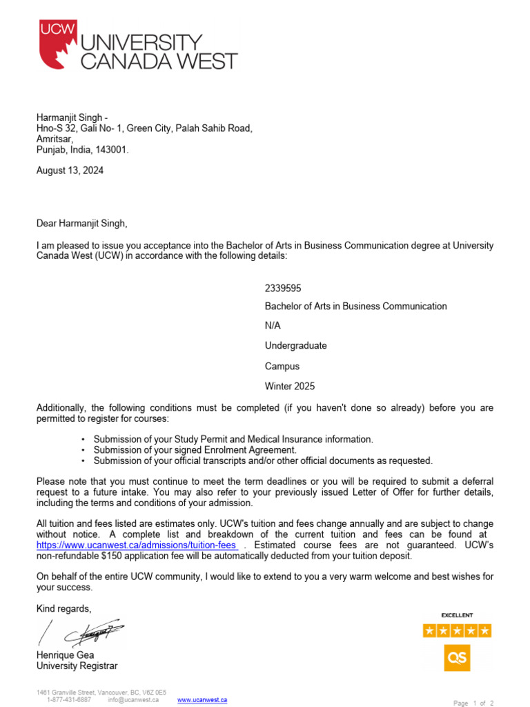 Acceptance to UCW Business Communication | PDF