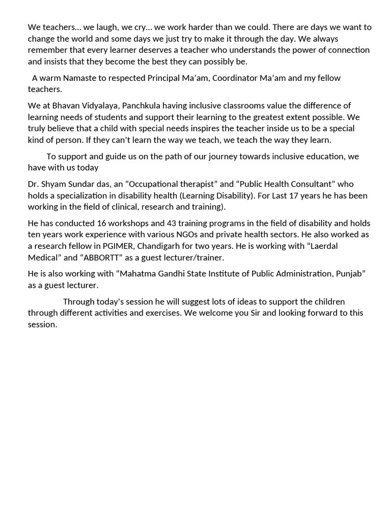 Welcome Note For Occupational Therapy Workshop | PDF