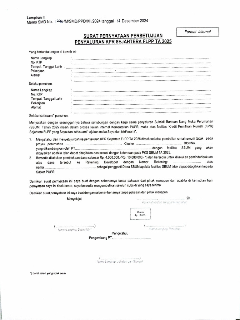 SURAT PERSETUJUAN PENYALURAN KPR FLPP | PDF