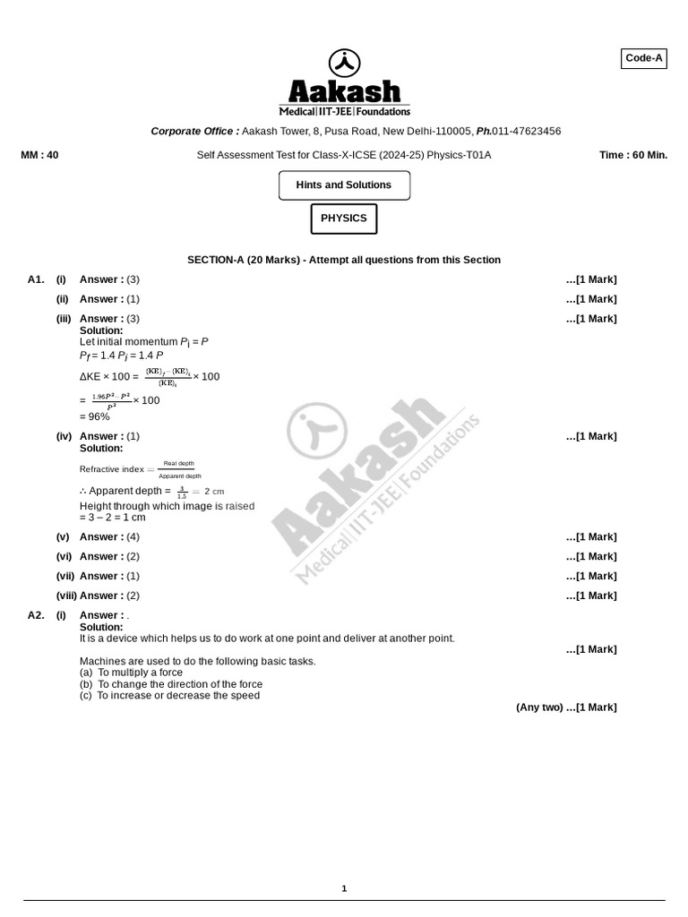 Self Assessment Test-1A (ICSE) Physics (C-10) - SOL | PDF | Physical ...