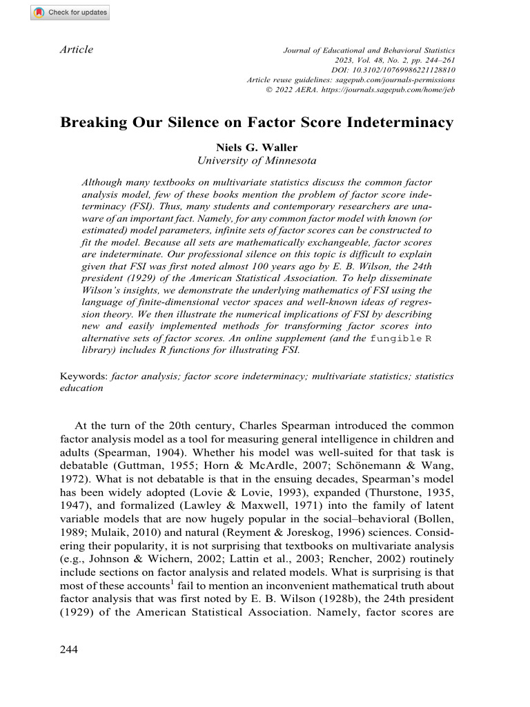 Breaking Our Silence On Factor Score Indeterminacy Pdf Matrix Mathematics Factor Analysis