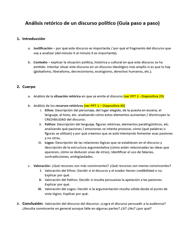 Análisis retórico de un discurso político - GUÍA | PDF