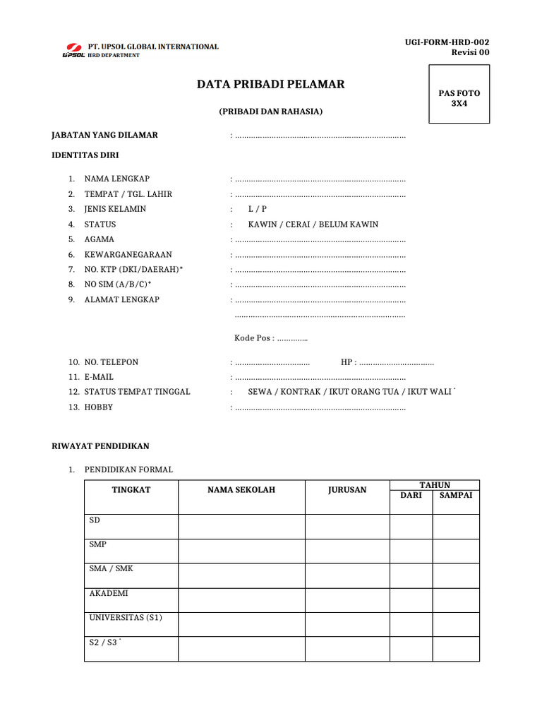 UGI-ForM-HRD-002 - Form Data Pribadi Pelamar | PDF