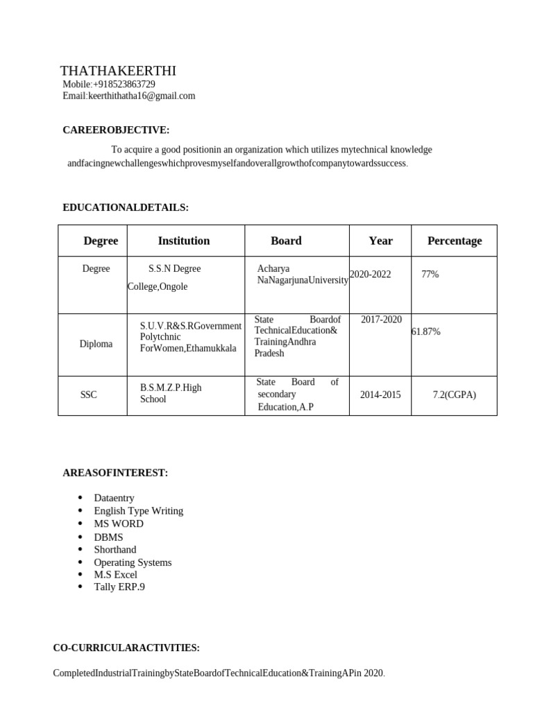Resume: Keerthi Thatha, Data Entry Specialist | PDF