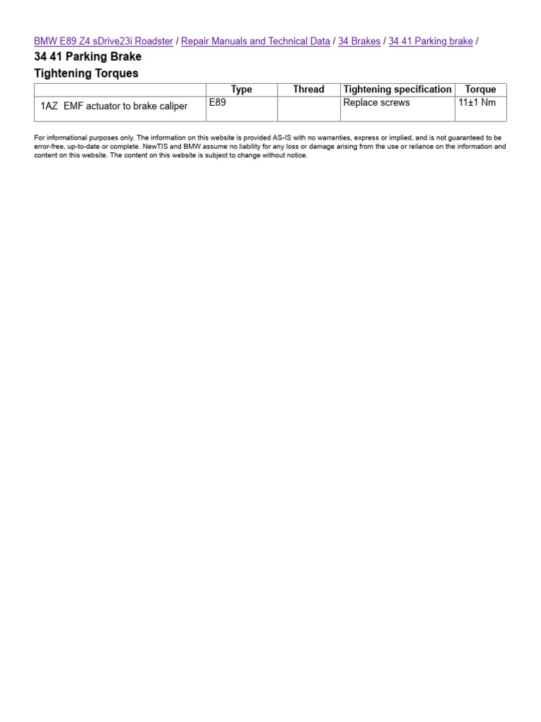BMW E89 Z4 Parking Brake Torque Specs | PDF