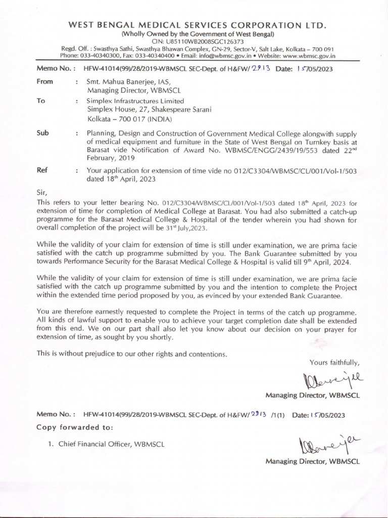WBMSCL Interim EOT Approval 2913 - On SIL Application EOT-III | PDF