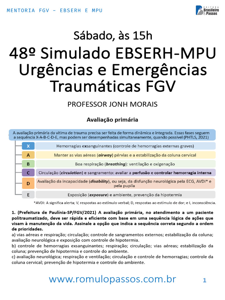 48º Simulado EBSERH-MPU - Urgências e Emergências Traumáticas (118 questões FGV) | PDF ...