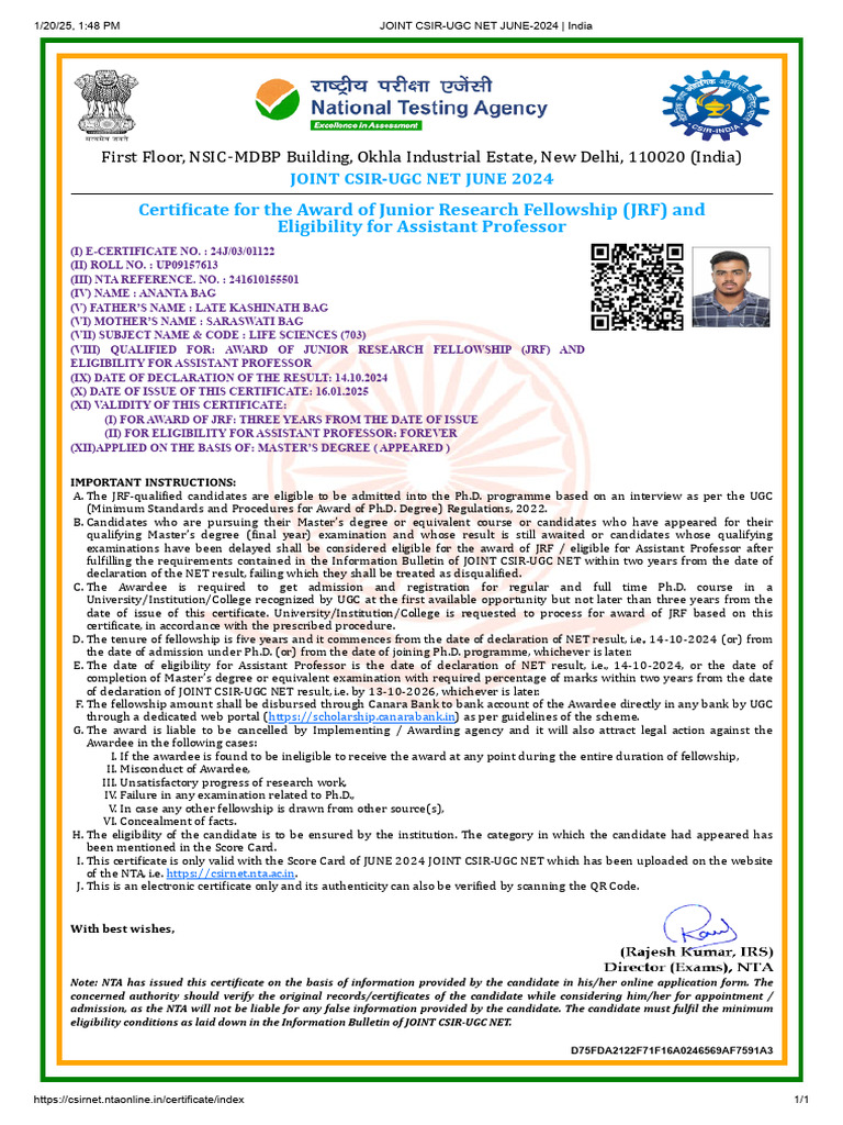 CSIR Certificate | PDF | Doctor Of Philosophy