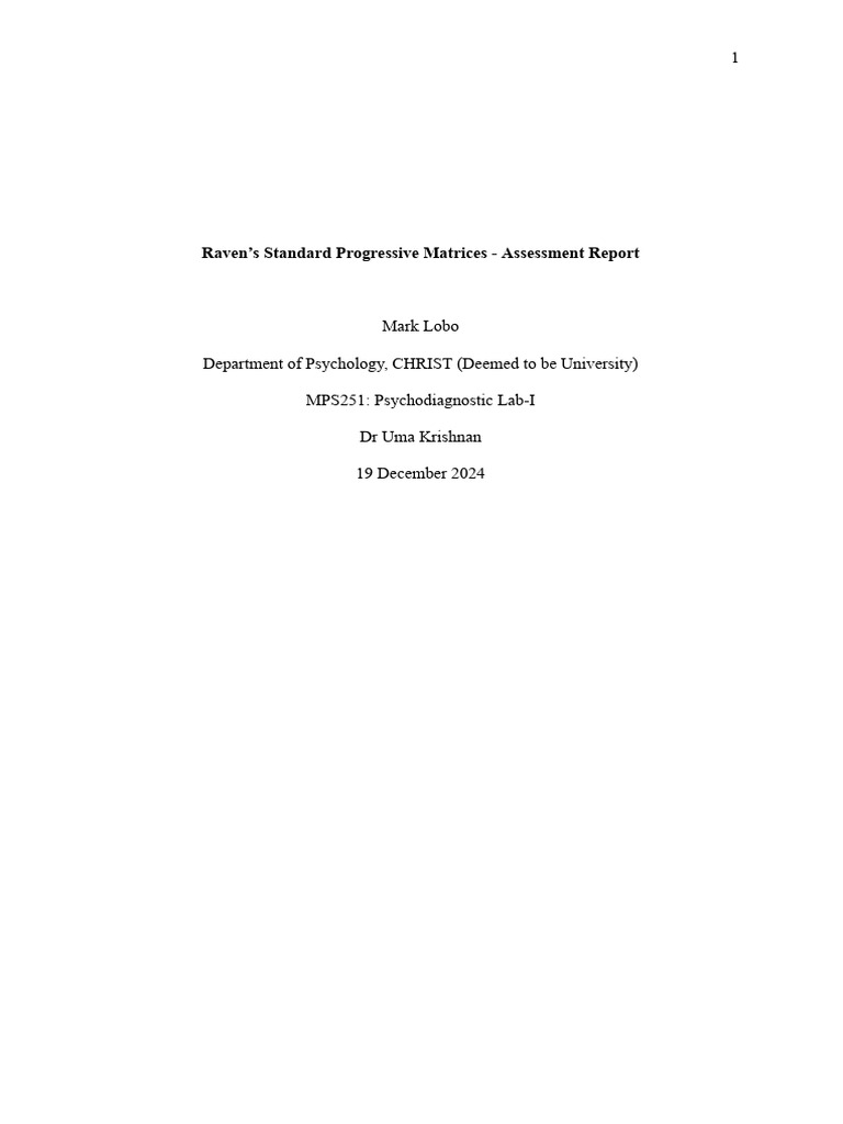 Raven’s Standard Progressive Matrices - Assessment Report | PDF ...