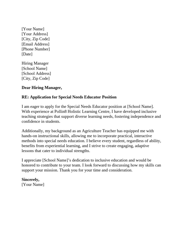 Sample Cover Letter for Special Needs Educator Position | PDF