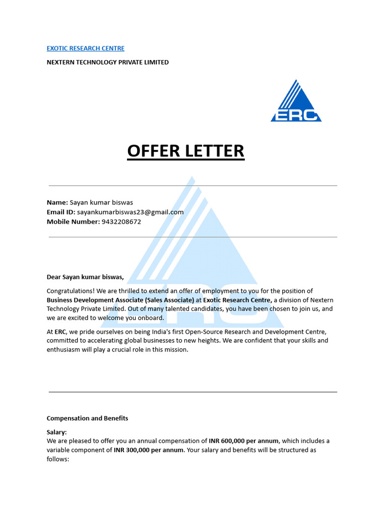 Sayan Kumar Biswas BDA OFFER LETTER | PDF | Indemnity | Business