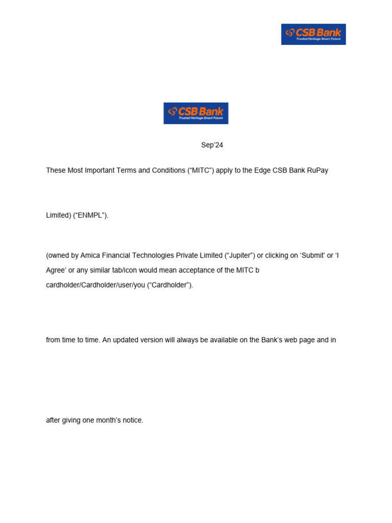 Edge CSB Bank RuPay Credit Card MITC 23rd Sep 2024 | PDF | Credit Card ...