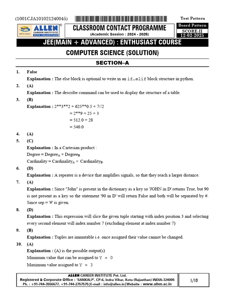 Jee (Main + Advanced) : Enthusiast Course: Computer Science (Solution) | PDF | Computer Network ...