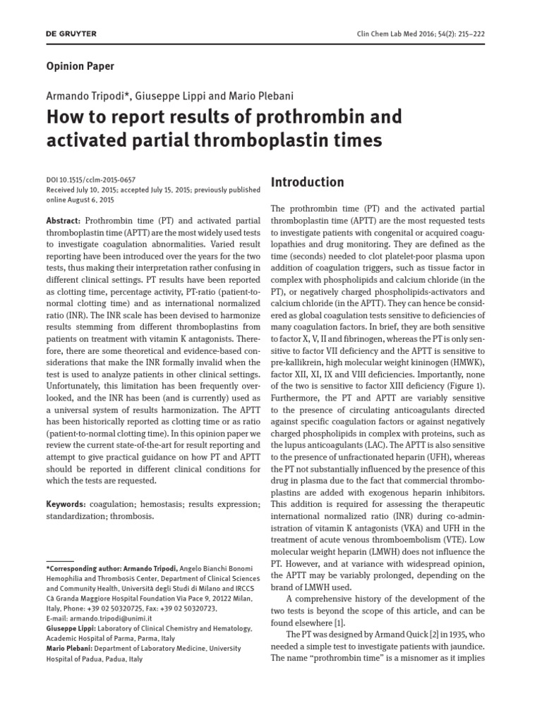 How To Report Results of Prothrombin and Activated Partial ...