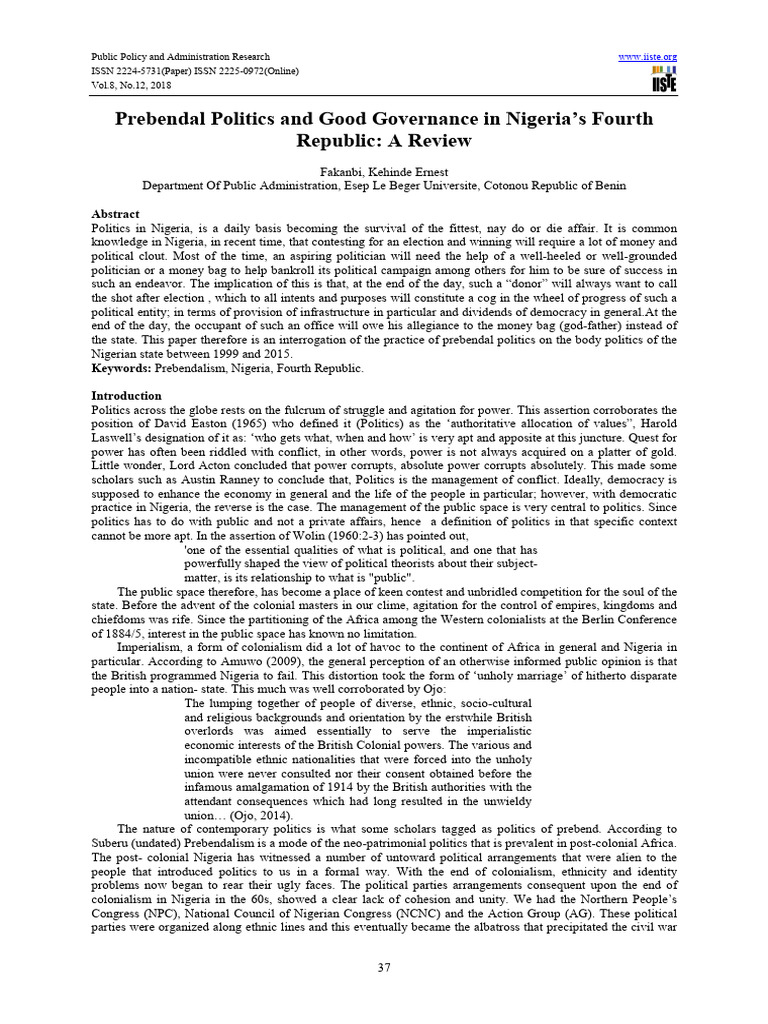 Prebendal Politics in Nigeria's Democracy | PDF | Nigeria | Democracy