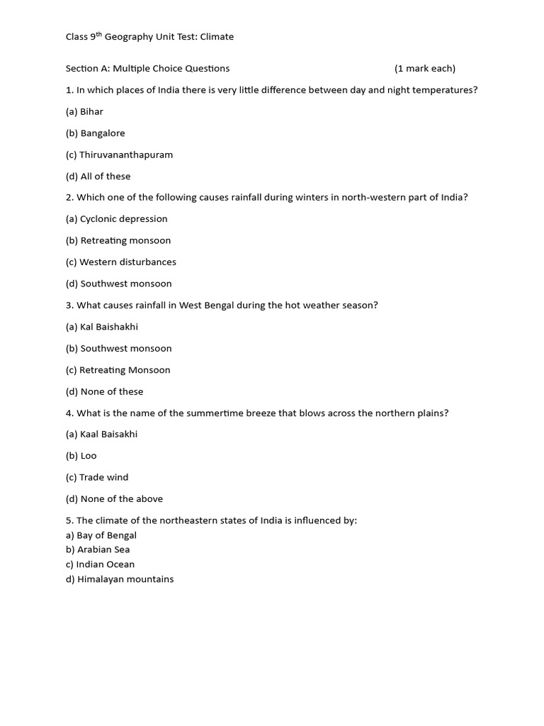 Class 9 Geography: Climate Unit Test | PDF