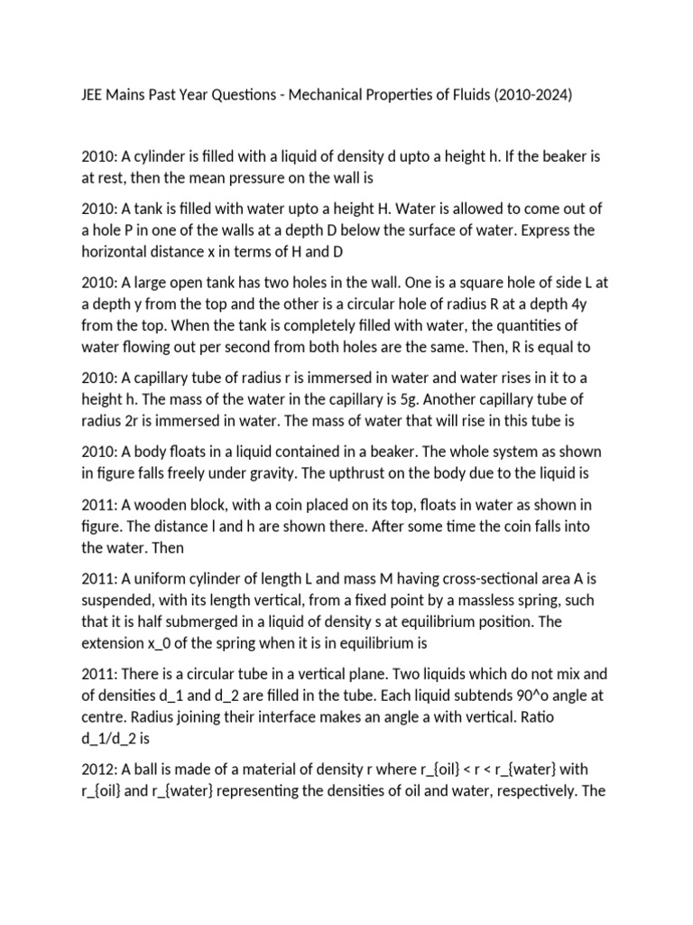 JEE Mains Past Year Questions | PDF | Drop (Liquid) | Liquids