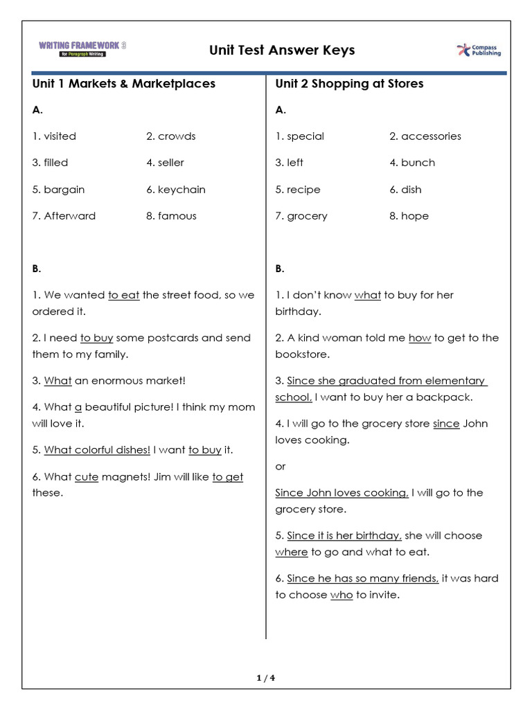 Unit Test Answer Keys for Writing 3 | PDF | Food And Drink Preparation ...